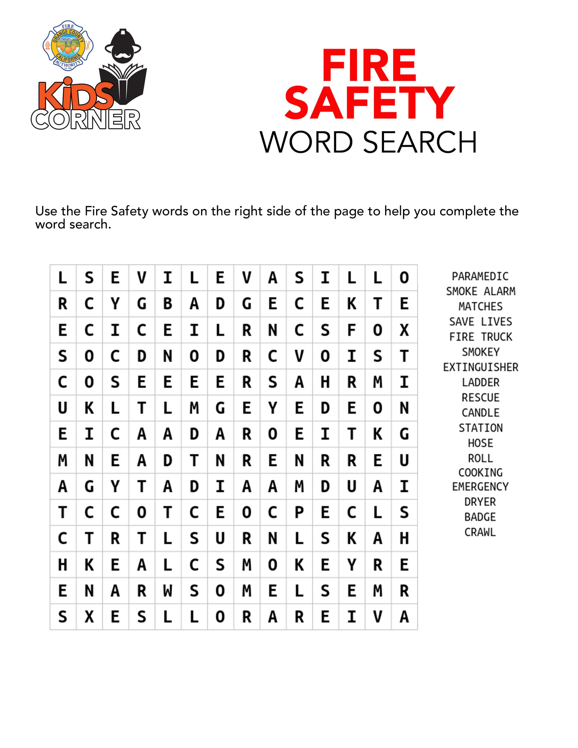 Fire Safety Word Search - OCFA